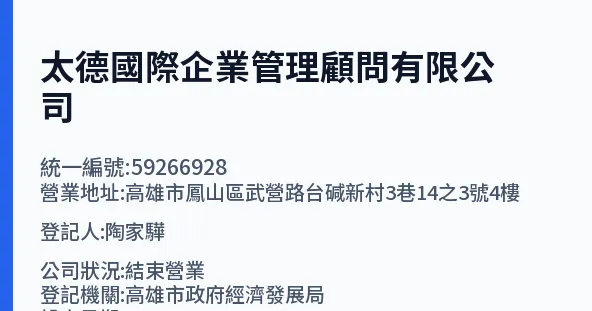 太德國際企業管理顧問有限公司的照片-統編 59266928(高雄市) 公司登記資料與營業項目詳細圖表