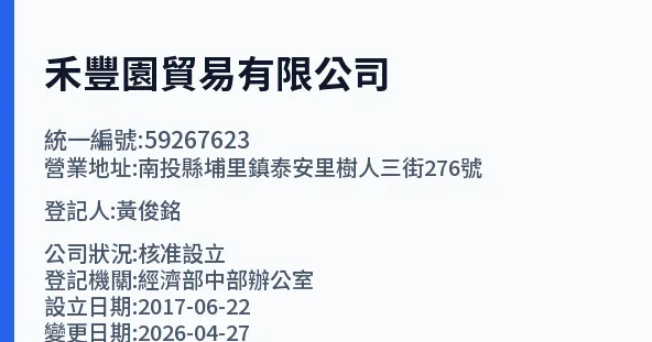 禾豐園貿易有限公司的照片-統編 59267623(南投縣) 公司登記資料與營業項目詳細圖表