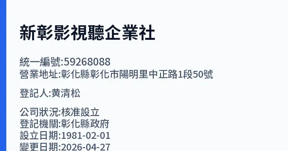 新彰影視聽企業社的照片-統編 59268088(彰化縣) 公司登記資料與營業項目詳細圖表