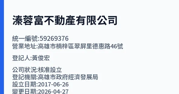 溱蓉富不動產有限公司的照片-統編 59269376(高雄市) 公司登記資料與營業項目詳細圖表