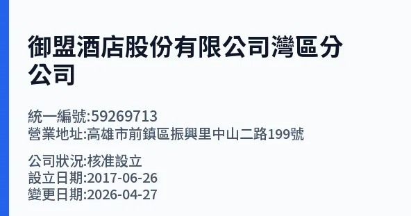 御盟酒店股份有限公司灣區分公司的照片-統編 59269713(高雄市) 公司登記資料與營業項目詳細圖表