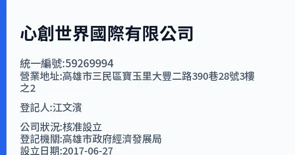 心創世界國際有限公司的照片-統編 59269994(高雄市) 公司登記資料與營業項目詳細圖表