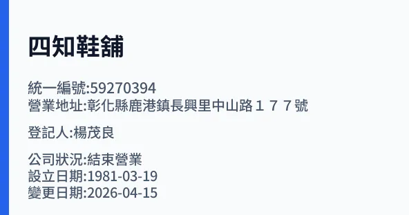 四知鞋舖的照片-統編 59270394(彰化縣) 公司登記資料與營業項目詳細圖表