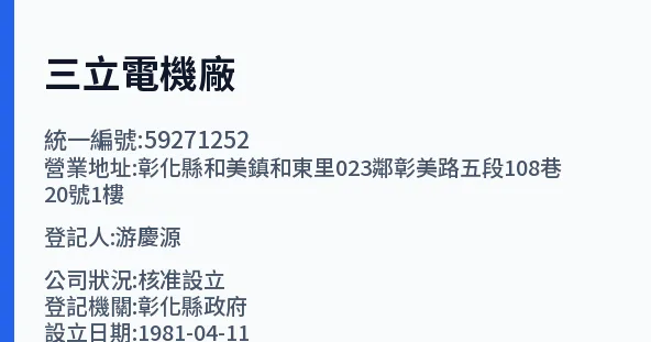 三立電機廠的照片-統編 59271252(彰化縣) 公司登記資料與營業項目詳細圖表