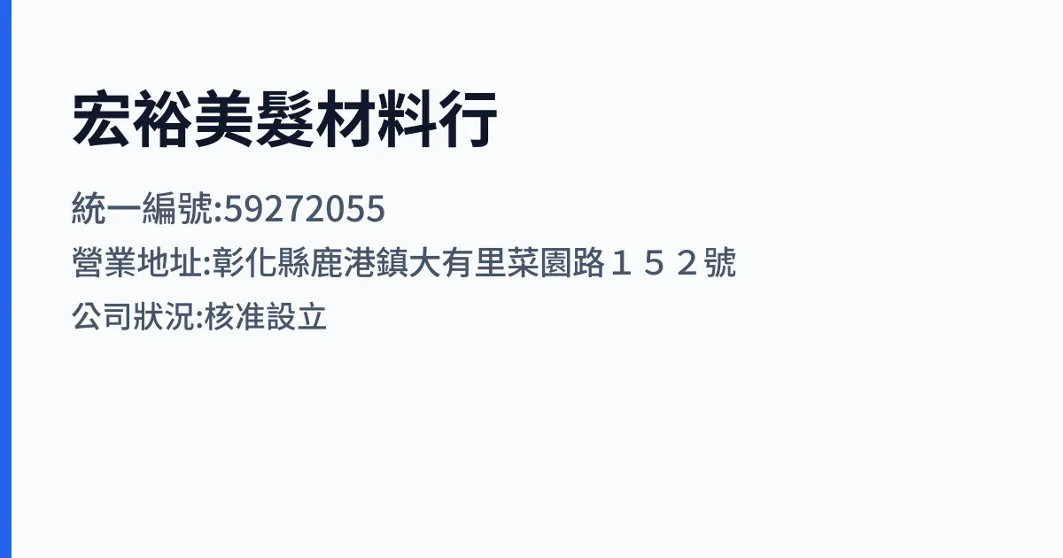 宏裕美髮材料行 - 統編 59272055(彰化縣) 公司登記資料與營業項目詳細圖表
