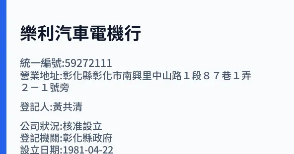 樂利汽車電機行的照片-統編 59272111(彰化縣) 公司登記資料與營業項目詳細圖表