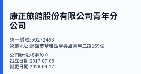 康正旅館股份有限公司青年分公司的照片-統編 59272463(高雄市) 公司登記資料與營業項目詳細圖表