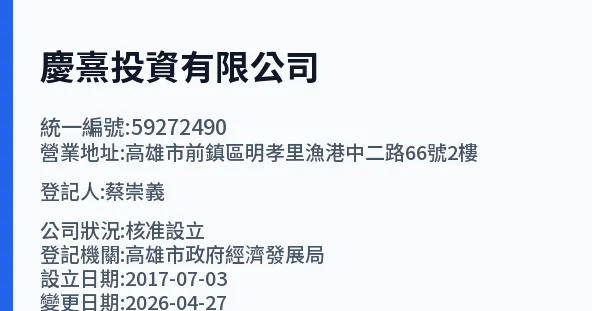 慶熹投資有限公司的照片-統編 59272490(高雄市) 公司登記資料與營業項目詳細圖表