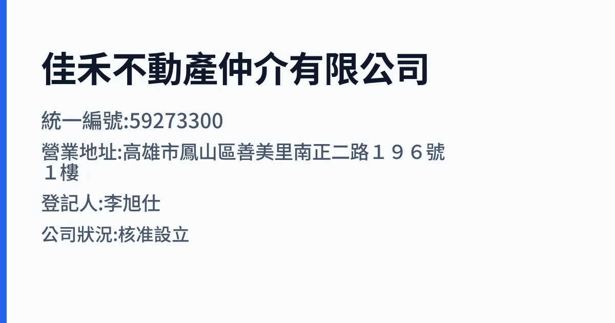 佳禾不動產仲介有限公司 - 統編 59273300(高雄市) 公司登記資料與營業項目詳細圖表