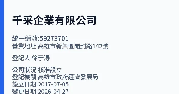 千采企業有限公司的照片-統編 59273701(高雄市) 公司登記資料與營業項目詳細圖表