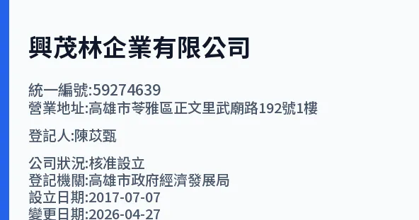 興茂林企業有限公司的照片-統編 59274639(高雄市) 公司登記資料與營業項目詳細圖表