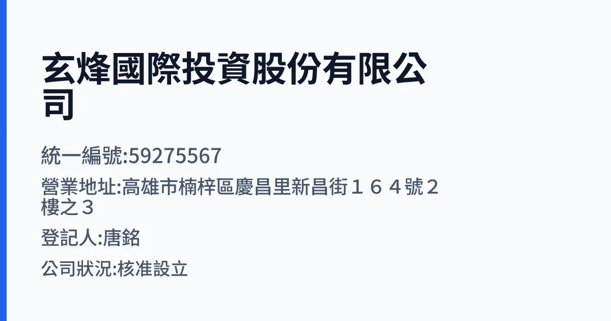 玄烽國際投資股份有限公司 - 統編 59275567(高雄市) 公司登記資料與營業項目詳細圖表