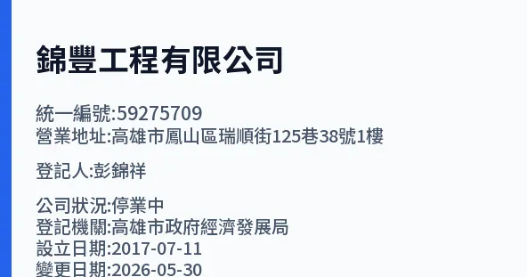 錦豐工程有限公司的照片-統編 59275709(高雄市) 公司登記資料與營業項目詳細圖表