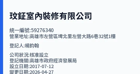 玟鉦室內裝修有限公司的照片-統編 59276340(高雄市) 公司登記資料與營業項目詳細圖表