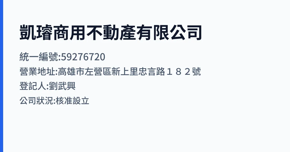 凱璿商用不動產有限公司 - 統編 59276720(高雄市) 公司登記資料與營業項目詳細圖表