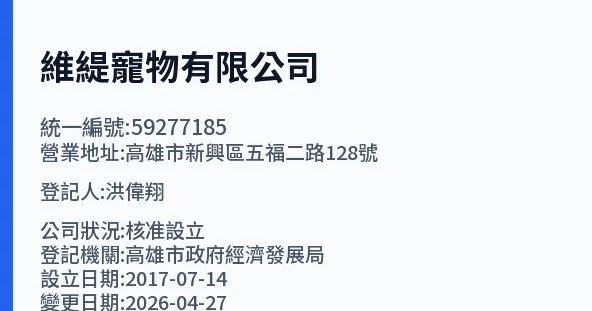 維緹寵物有限公司的照片-統編 59277185(高雄市) 公司登記資料與營業項目詳細圖表