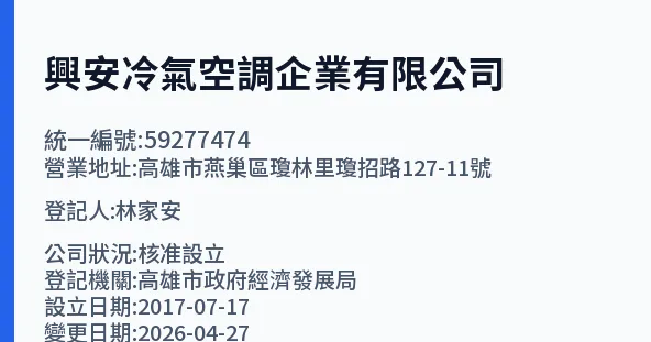 興安冷氣空調企業有限公司的照片-統編 59277474(高雄市) 公司登記資料與營業項目詳細圖表