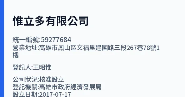惟立多有限公司的照片-統編 59277684(高雄市) 公司登記資料與營業項目詳細圖表