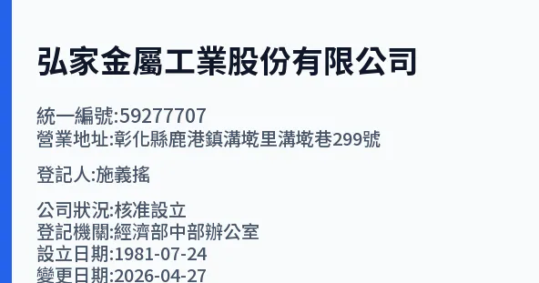 弘家金屬工業股份有限公司的照片-統編 59277707(彰化縣) 公司登記資料與營業項目詳細圖表