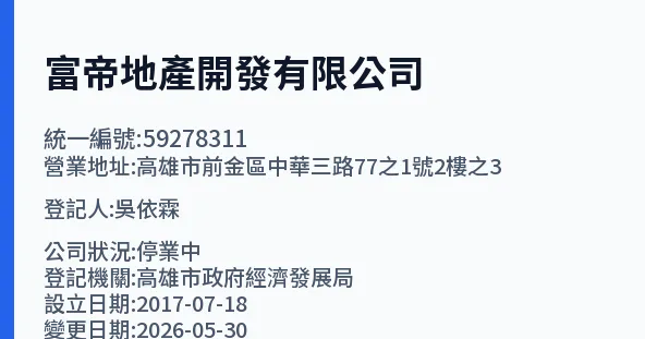 富帝地產開發有限公司的照片-統編 59278311(高雄市) 公司登記資料與營業項目詳細圖表