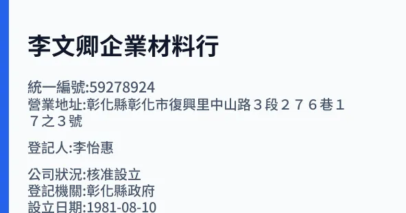 李文卿企業材料行的照片-統編 59278924(彰化縣) 公司登記資料與營業項目詳細圖表