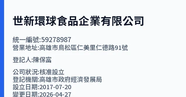 世新環球食品企業有限公司的照片-統編 59278987(高雄市) 公司登記資料與營業項目詳細圖表