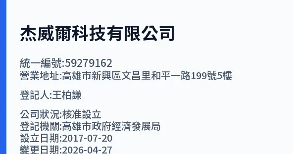 杰威爾科技有限公司的照片-統編 59279162(高雄市) 公司登記資料與營業項目詳細圖表