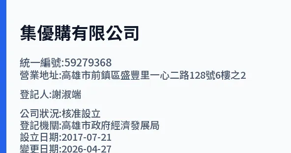 集優購有限公司的照片-統編 59279368(高雄市) 公司登記資料與營業項目詳細圖表