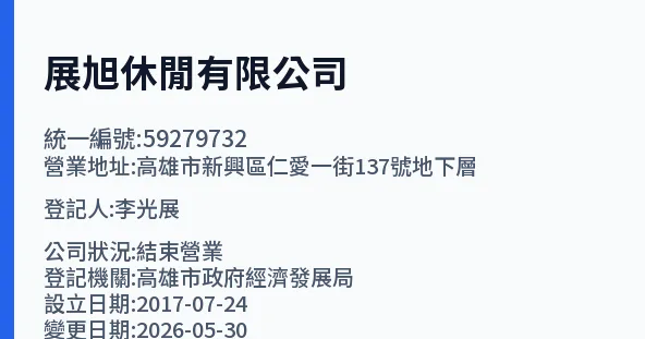 展旭休閒有限公司的照片-統編 59279732(高雄市) 公司登記資料與營業項目詳細圖表