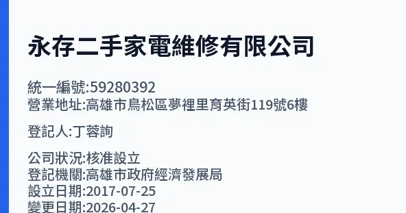 永存二手家電維修有限公司的照片-統編 59280392(高雄市) 公司登記資料與營業項目詳細圖表