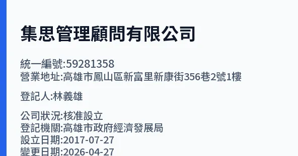 集思管理顧問有限公司的照片-統編 59281358(高雄市) 公司登記資料與營業項目詳細圖表