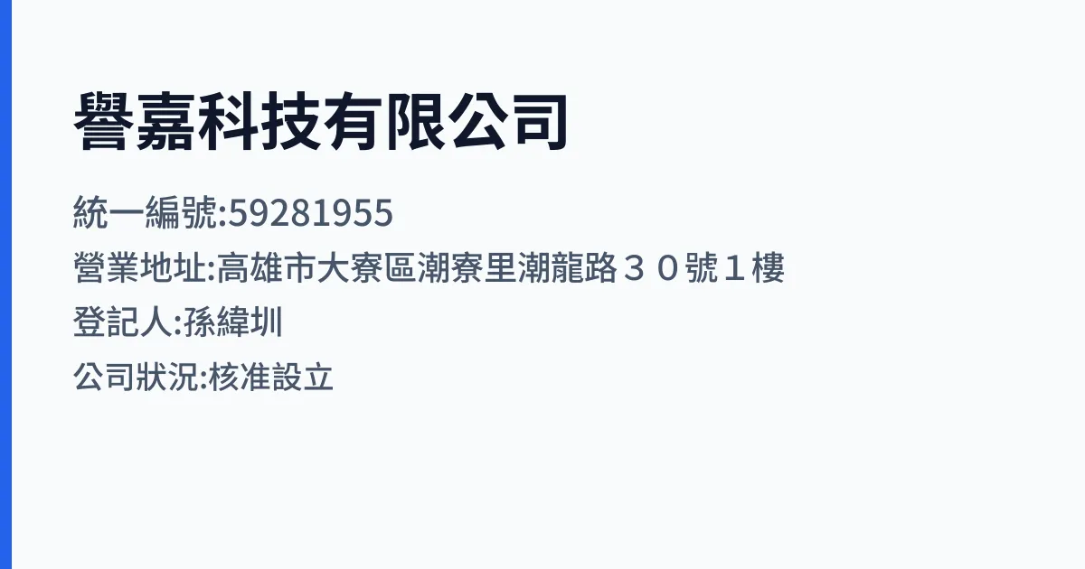 譽嘉科技有限公司 - 統編 59281955(高雄市) 公司登記資料與營業項目詳細圖表