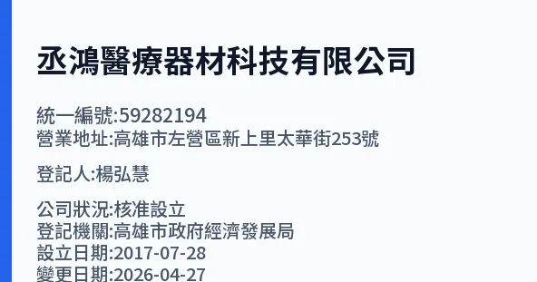 丞鴻醫療器材科技有限公司的照片-統編 59282194(高雄市) 公司登記資料與營業項目詳細圖表