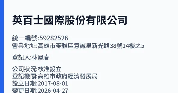 英百士國際股份有限公司的照片-統編 59282526(高雄市) 公司登記資料與營業項目詳細圖表