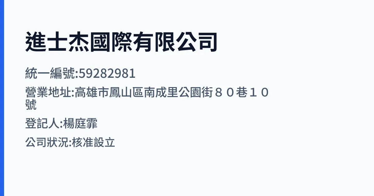 進士杰國際有限公司 - 統編 59282981(高雄市) 公司登記資料與營業項目詳細圖表