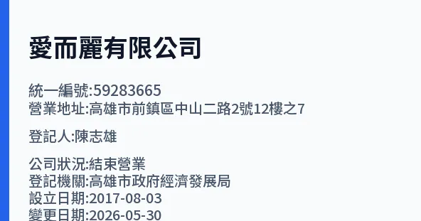 愛而麗有限公司的照片-統編 59283665(高雄市) 公司登記資料與營業項目詳細圖表