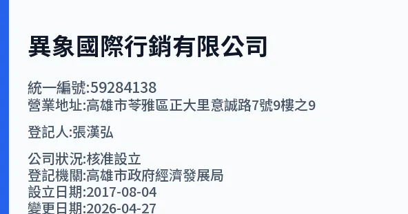 異象國際行銷有限公司的照片-統編 59284138(高雄市) 公司登記資料與營業項目詳細圖表