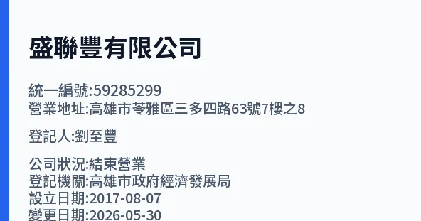 盛聯豐有限公司的照片-統編 59285299(高雄市) 公司登記資料與營業項目詳細圖表
