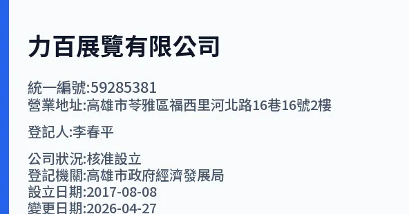 力百展覽有限公司的照片-統編 59285381(高雄市) 公司登記資料與營業項目詳細圖表