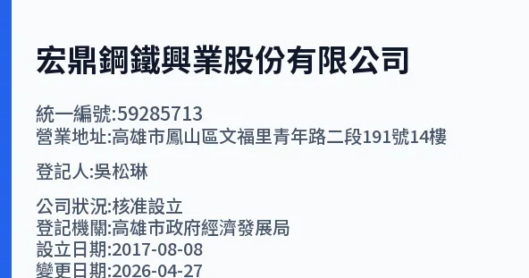 宏鼎鋼鐵興業股份有限公司的照片-統編 59285713(高雄市) 公司登記資料與營業項目詳細圖表