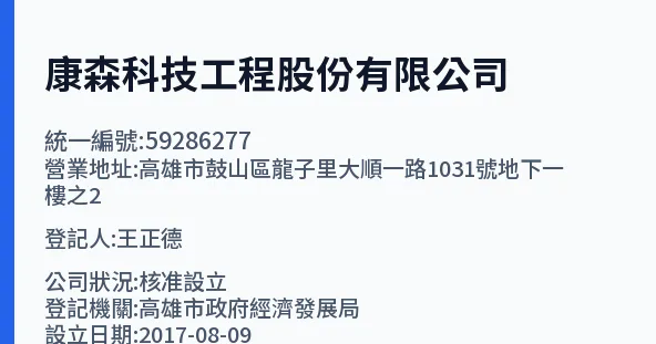 康森科技工程股份有限公司的照片-統編 59286277(高雄市) 公司登記資料與營業項目詳細圖表