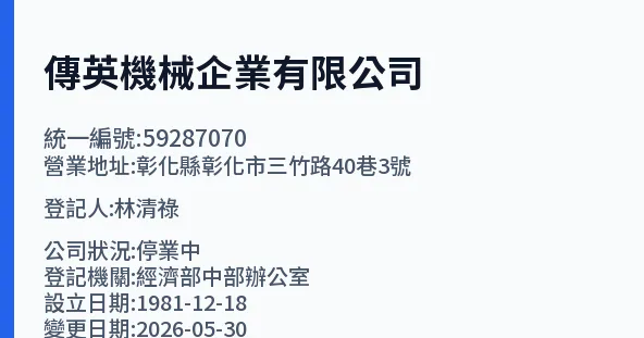 傳英機械企業有限公司的照片-統編 59287070(彰化縣) 公司登記資料與營業項目詳細圖表