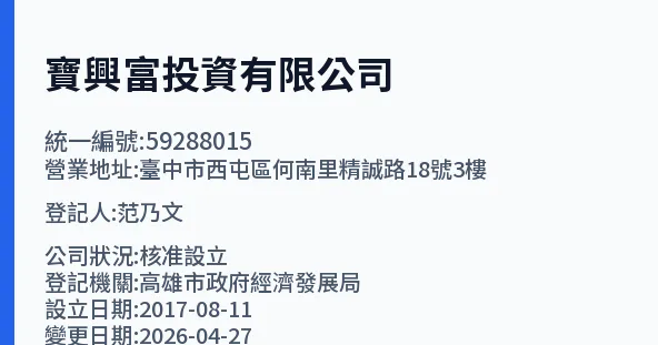 寶興富投資有限公司的照片-統編 59288015(臺中市) 公司登記資料與營業項目詳細圖表