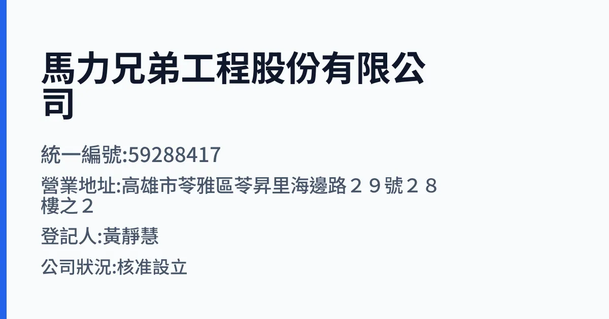馬力兄弟工程股份有限公司 - 統編 59288417(高雄市) 公司登記資料與營業項目詳細圖表