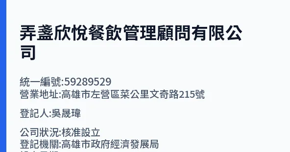 弄盞欣悅餐飲管理顧問有限公司的照片-統編 59289529(高雄市) 公司登記資料與營業項目詳細圖表