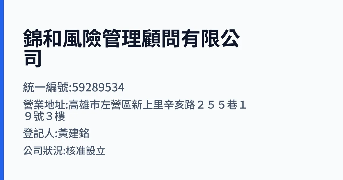 錦和風險管理顧問有限公司 - 統編 59289534(高雄市) 公司登記資料與營業項目詳細圖表