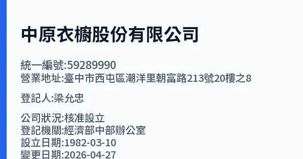 中原衣櫥股份有限公司的照片-統編 59289990(臺中市) 公司登記資料與營業項目詳細圖表