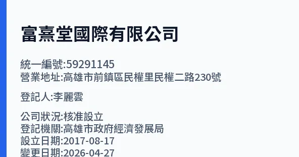 富熹堂國際有限公司的照片-統編 59291145(高雄市) 公司登記資料與營業項目詳細圖表