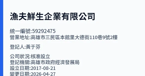 漁夫鮮生企業有限公司的照片-統編 59292475(高雄市) 公司登記資料與營業項目詳細圖表