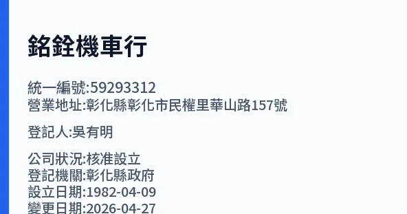 銘銓機車行的照片-統編 59293312(彰化縣) 公司登記資料與營業項目詳細圖表
